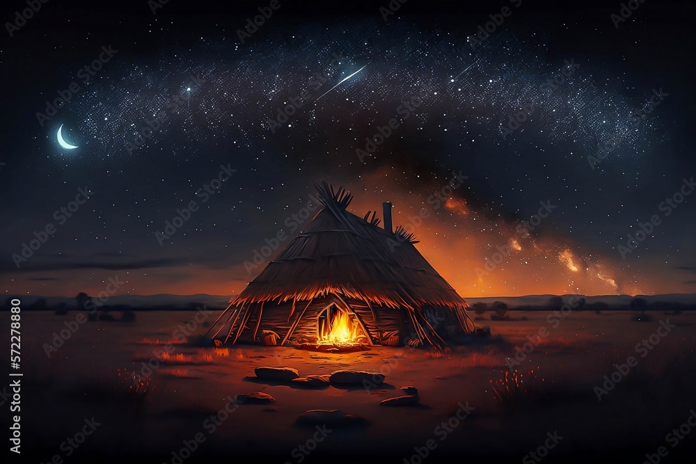 starry sky, hut, plain, bonfire, generative AI, camping, wilderness ...