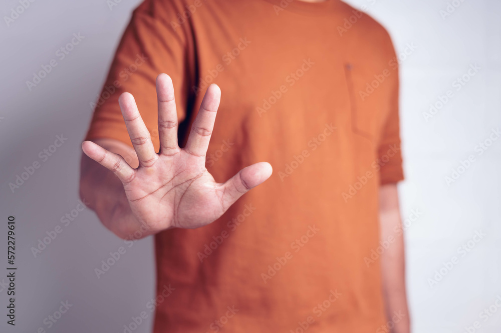 Man hand stop symbolic communication stop gesture reject with empty ...