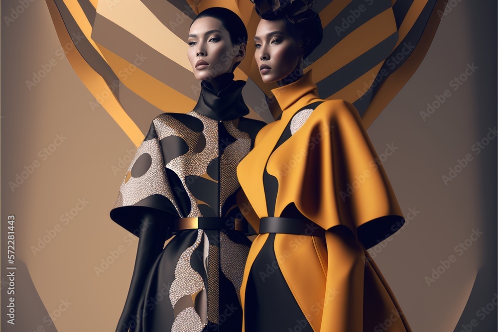 Modelos colección de lujo moda, telas alta calidad, pasarela, semana de ...