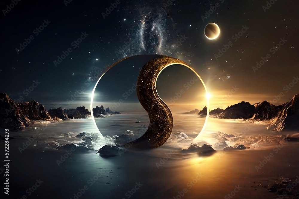 An infinite symbol "∞"made of gold. Planets, moons and deep space ...