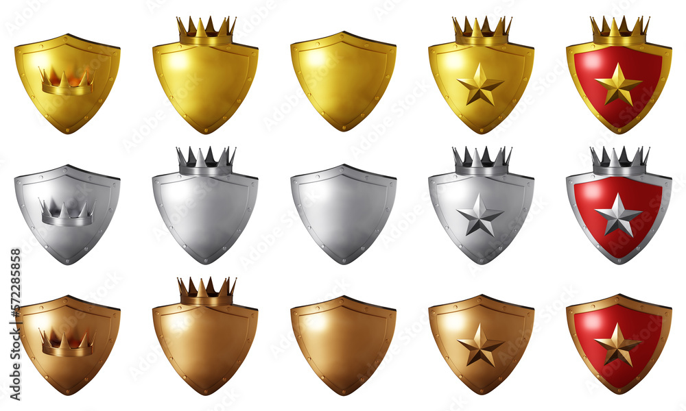 3D silver bronze gold shield, realistic level up game badge set, metal ...