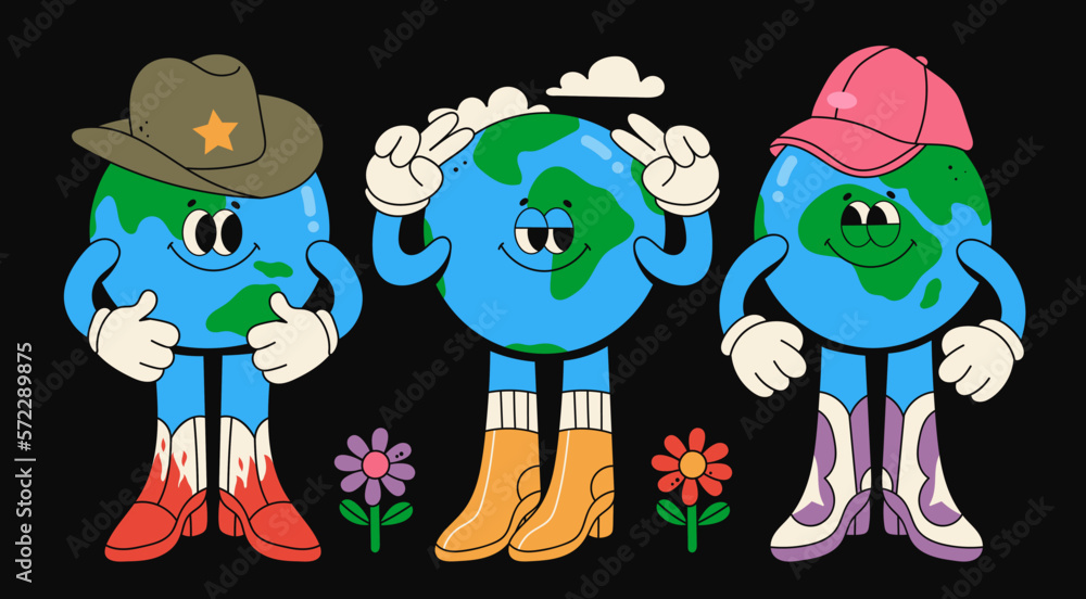 Set of Planet Earth characters. Cute Earth globe with emotions, face ...