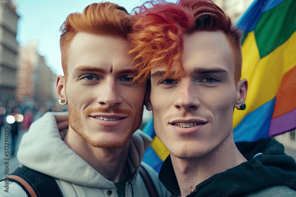 Two gay people at the pride festival in Madrid Spain. AI creation ...