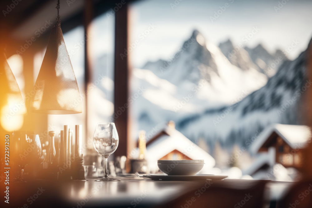 Restaurant or cafe in chalet with view of majestic snowy apls in skiing ...