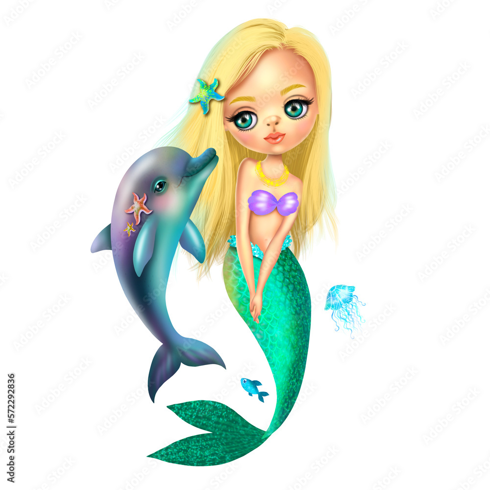 illustration of a little mermaid with a dolphin, a mermaid girl with ...
