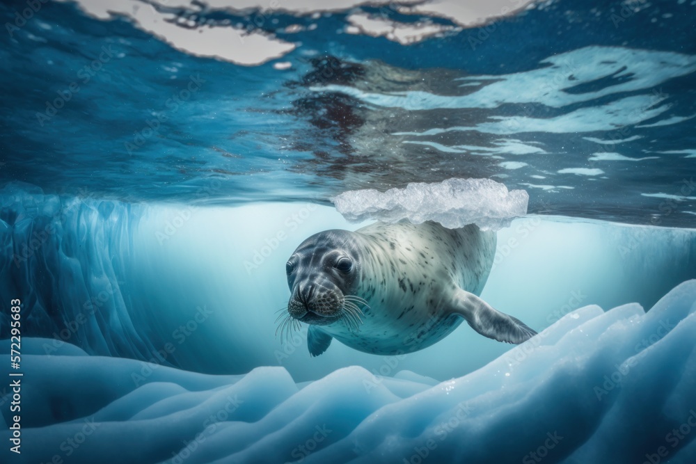 Foca nadando en las aguas heladas de la Antártida, leon marino en el ...