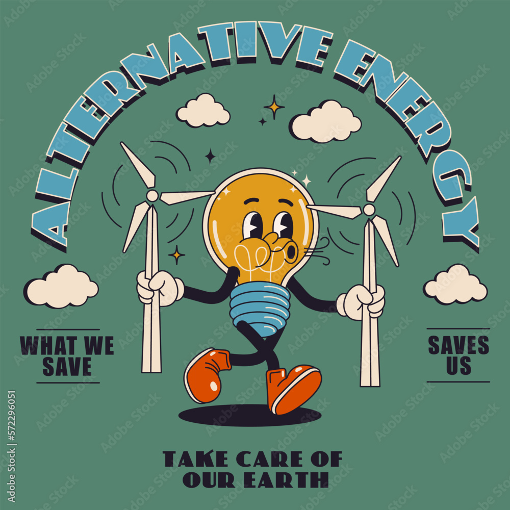 Save the planet sticker in trendy retro cartoon style. Ecology and zero ...