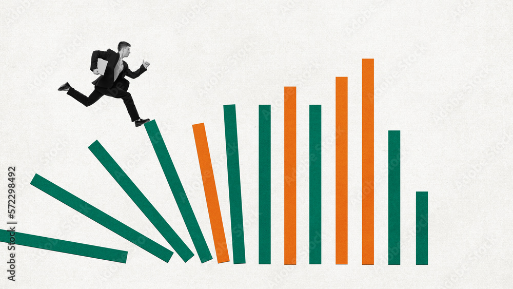 Contemporary art collage. Motivated ambitious employee, man running on ...