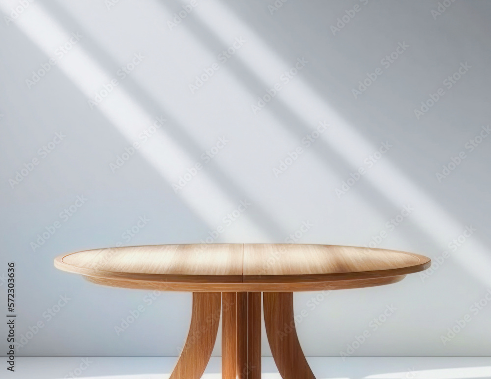 Close up of a round empty teak wood table with sunlight.background for ...