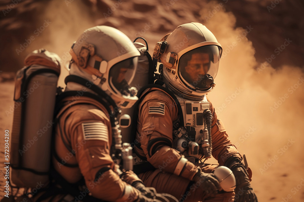Two Astronauts Wearing Space Suit on Mars, Desert, Dusty Air, Rocky ...