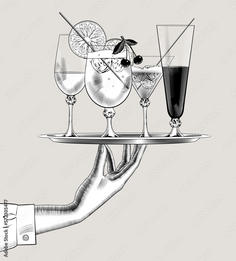 A woman's hand holds a round tray with wine glasses of different sizes ...