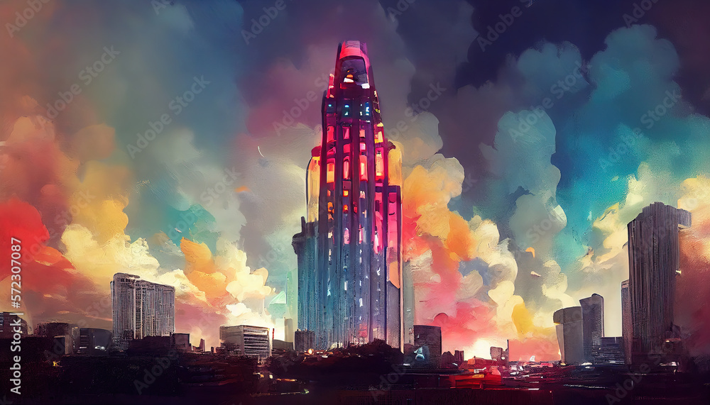 Neon skyscraper in the clouds in the metropolis. Bright picturesque ...