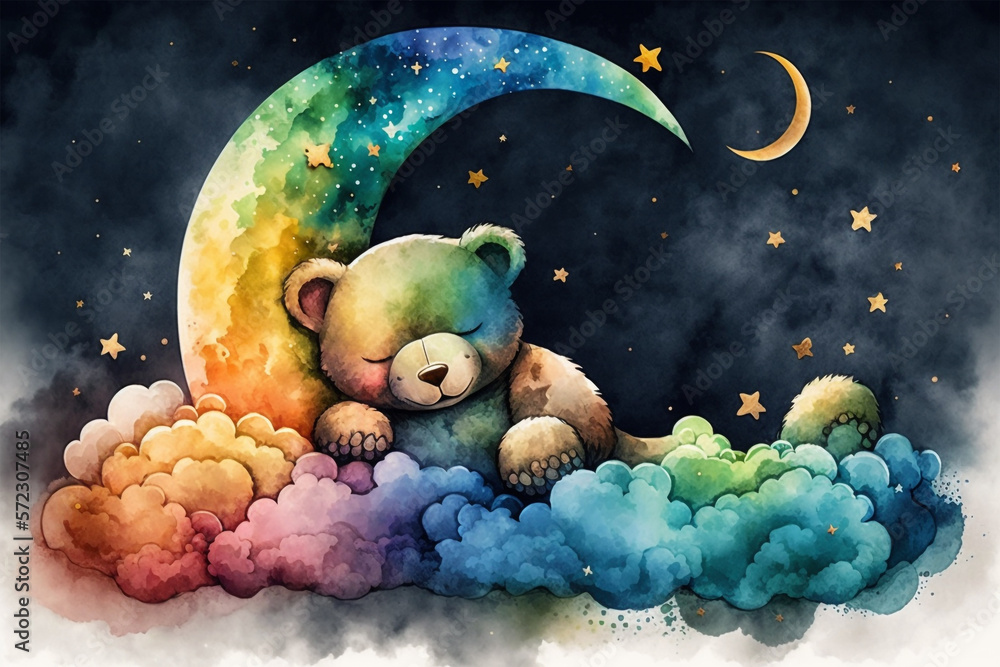 Teddy bear colorful sleeping in the Crescent moon clouds and stars ...
