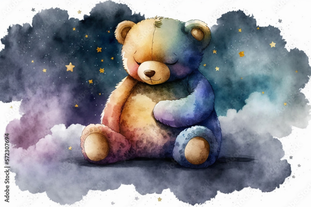 Teddy bear colorful sleeping in the Crescent moon clouds and stars ...
