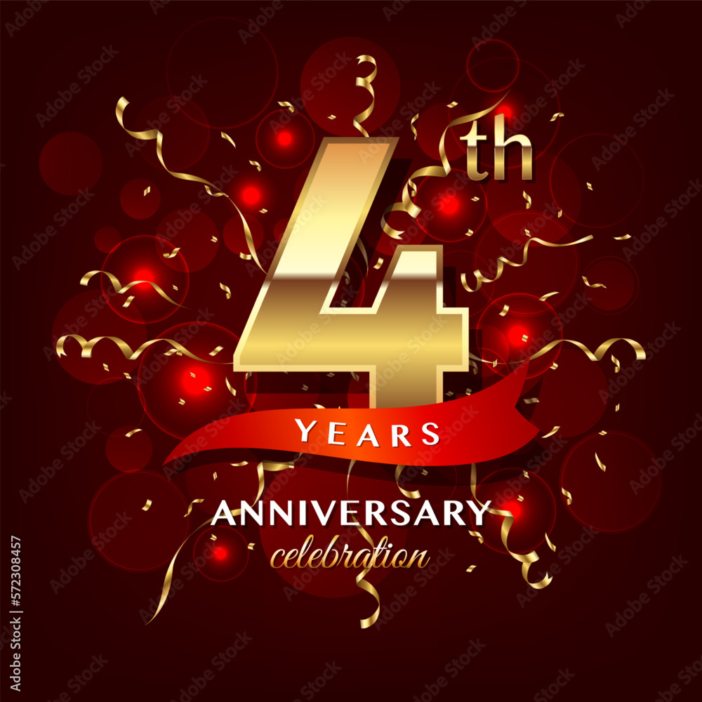 4th Anniversary logo design with golden number and red ribbon for ...