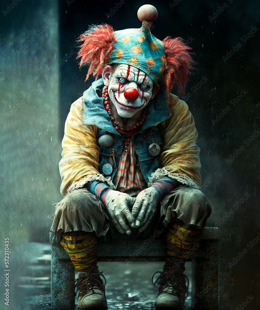 Clown with a mask, evil sinister creepy clown sitting on bench in dark ...