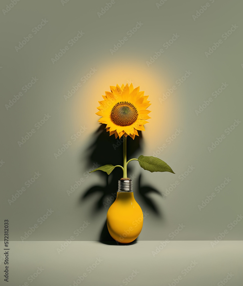Growing new idea. with sunflower growing from light bulb vase ...