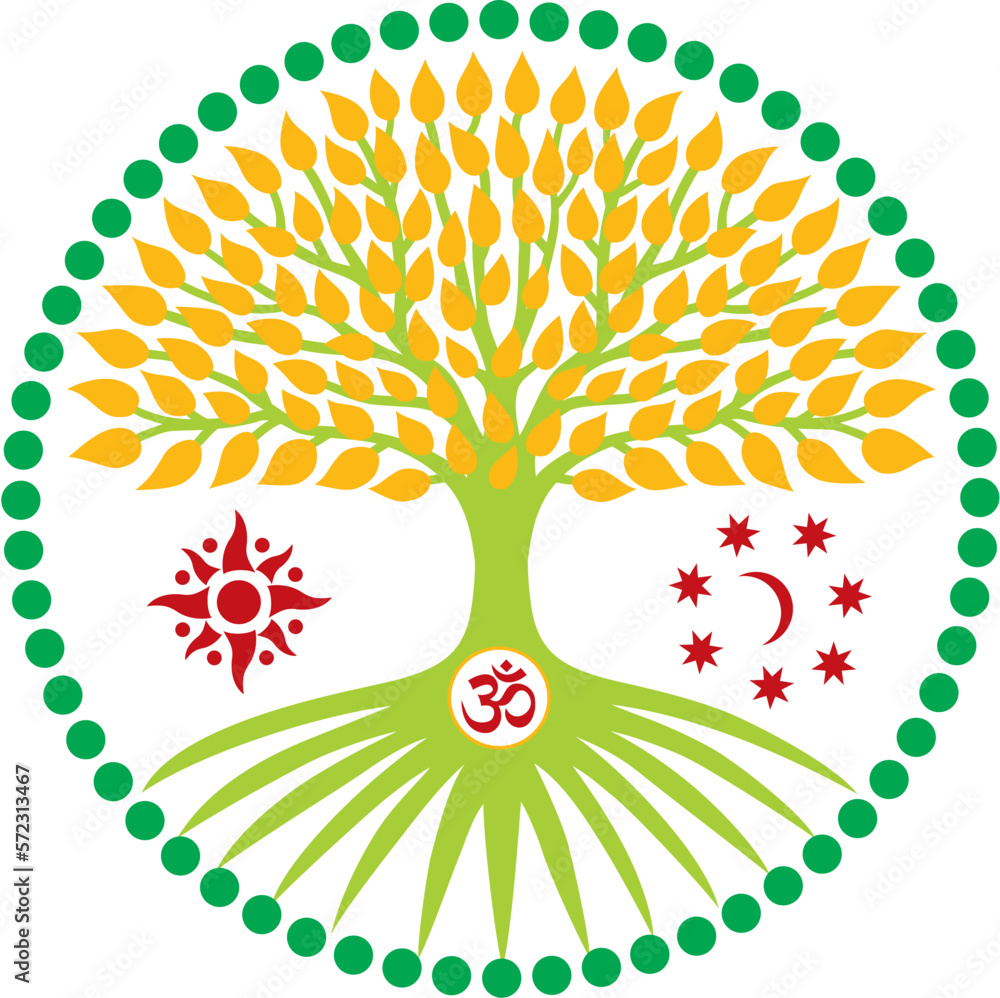 Tree of life in the center of the mandala. Sun, moon, stars. Spiritual ...
