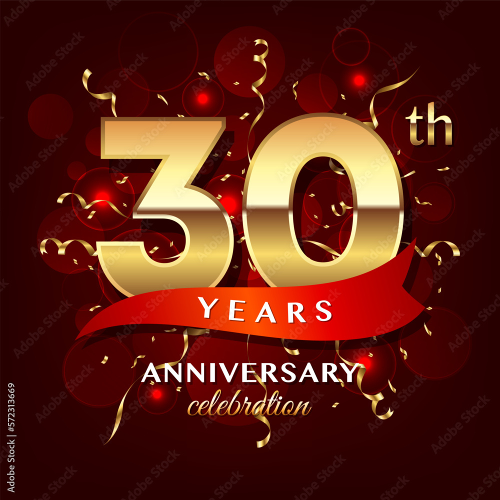 30th Anniversary logo design with golden number and red ribbon for ...
