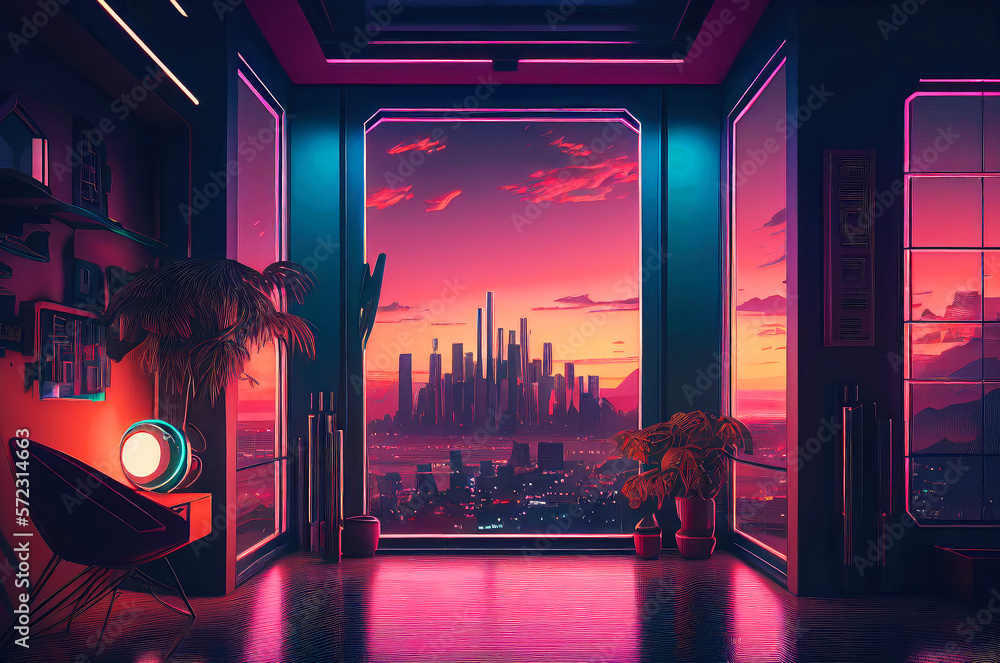 Futuristic Interior with dystopian cyberpunk megapolis view behind the ...