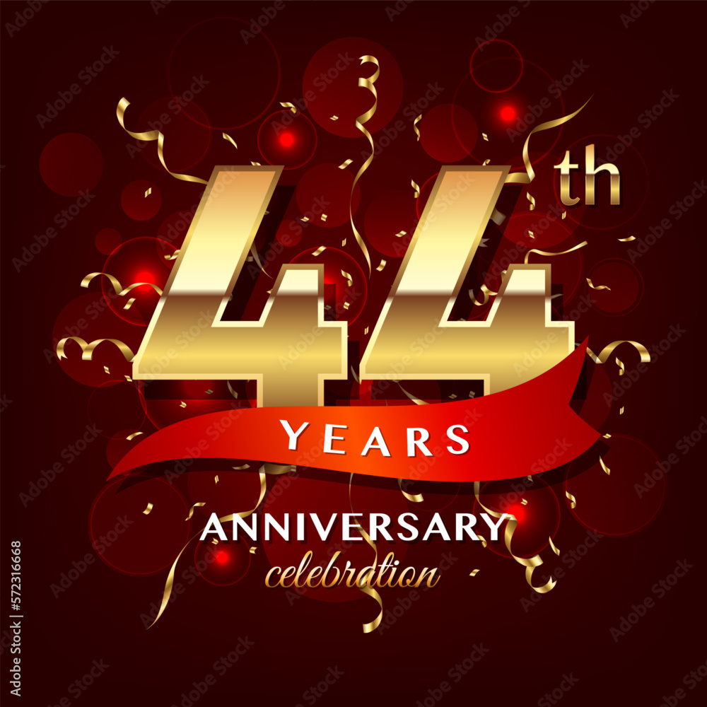 44th Anniversary logo design with golden number and red ribbon for ...