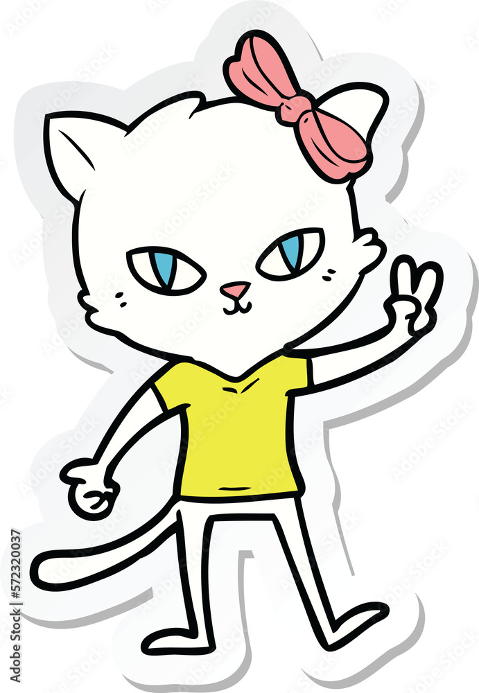 sticker of a cute cartoon cat girl giving peace sign Stock Illustration ...
