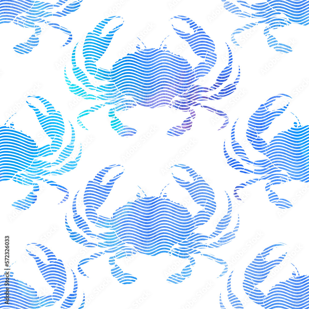 Seamless pattern with blue watercolor crabs and waves on white ...
