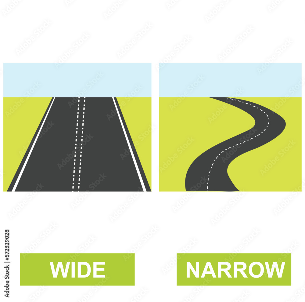 Antonyms concept, WIDE and NARROW. Educational flash card with children ...