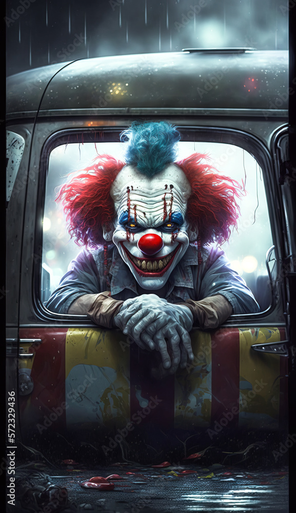 Carnival clown with a painted face, evil sinister creepy clown poking ...