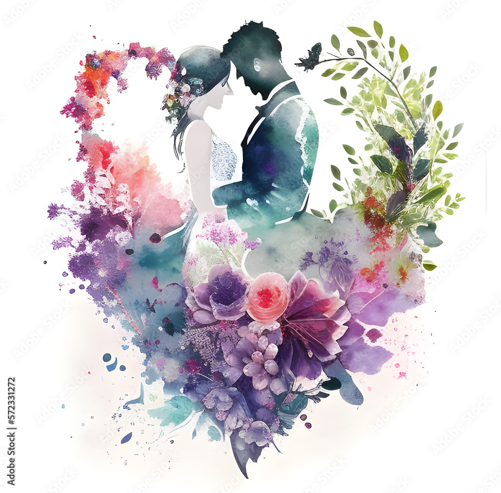 Watercolor Heart Shaped Flowers Around Wedding Couple In Middle, Color ...