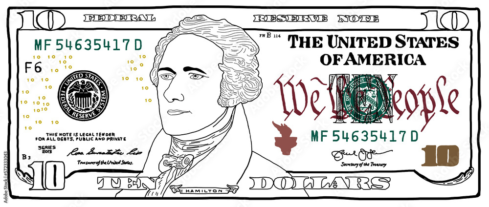 Cartoon hand drawn colorized 10 dollar banknote Stock Illustration ...