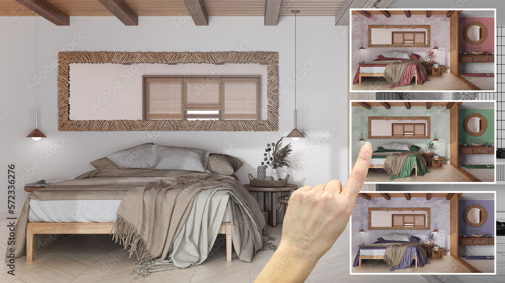Architect designer concept, hand showing colored farmhouse bedroom ...