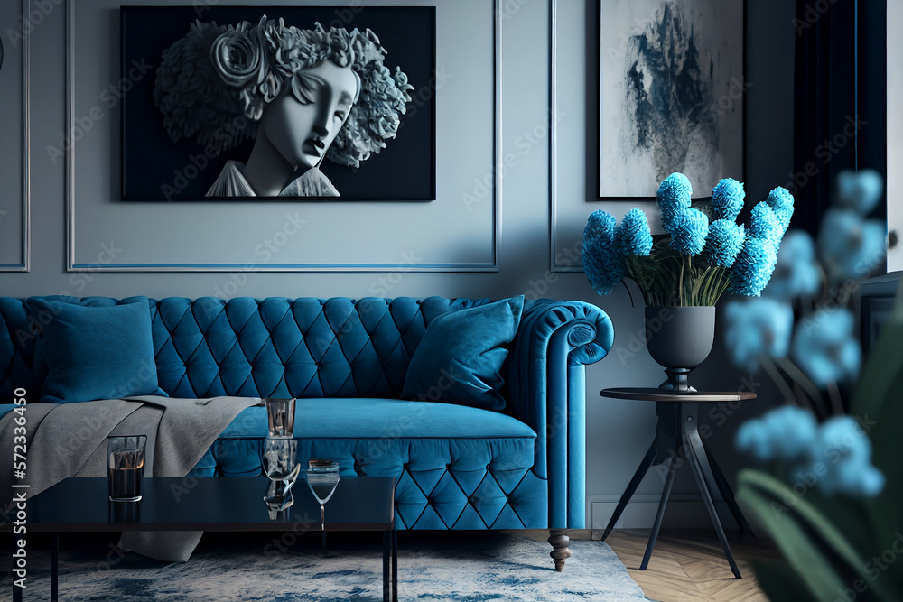 A blue luxury europe style interior design with a sofa and tea table ...