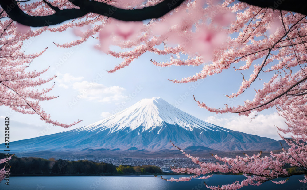 Mt Fuji in autumn view from lake Kawaguchiko. Red maple leaves in Fuji ...