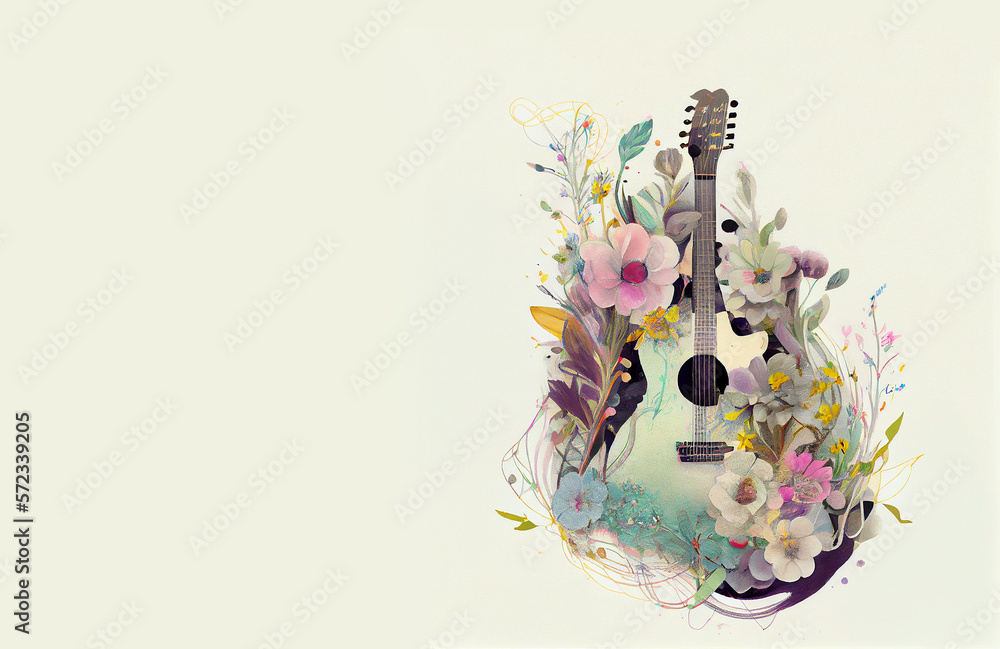 Guitar acoustic instrument with flowers, music passion concept, pastel ...