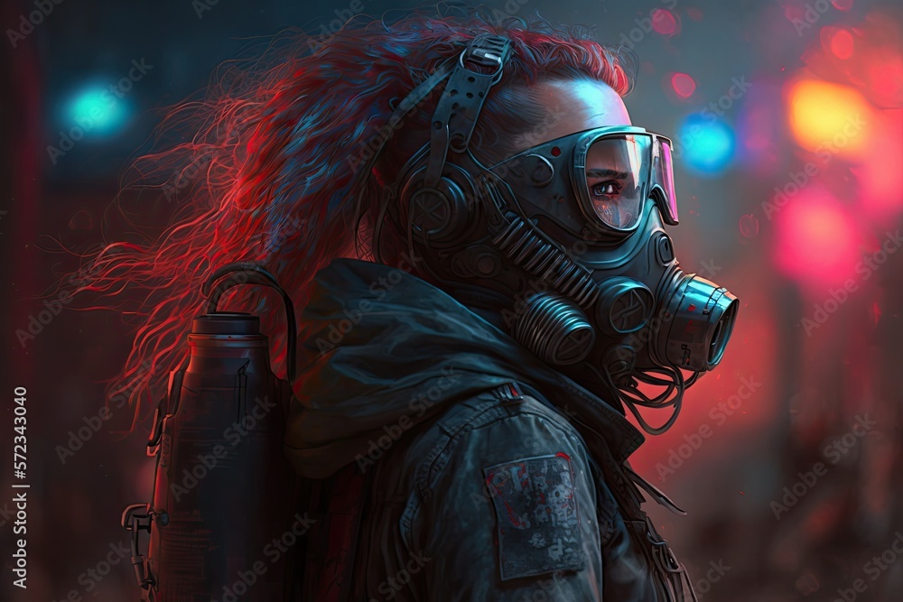 Rebel cyberpunk with a gas mask in hyper futuristic Stock Illustration ...