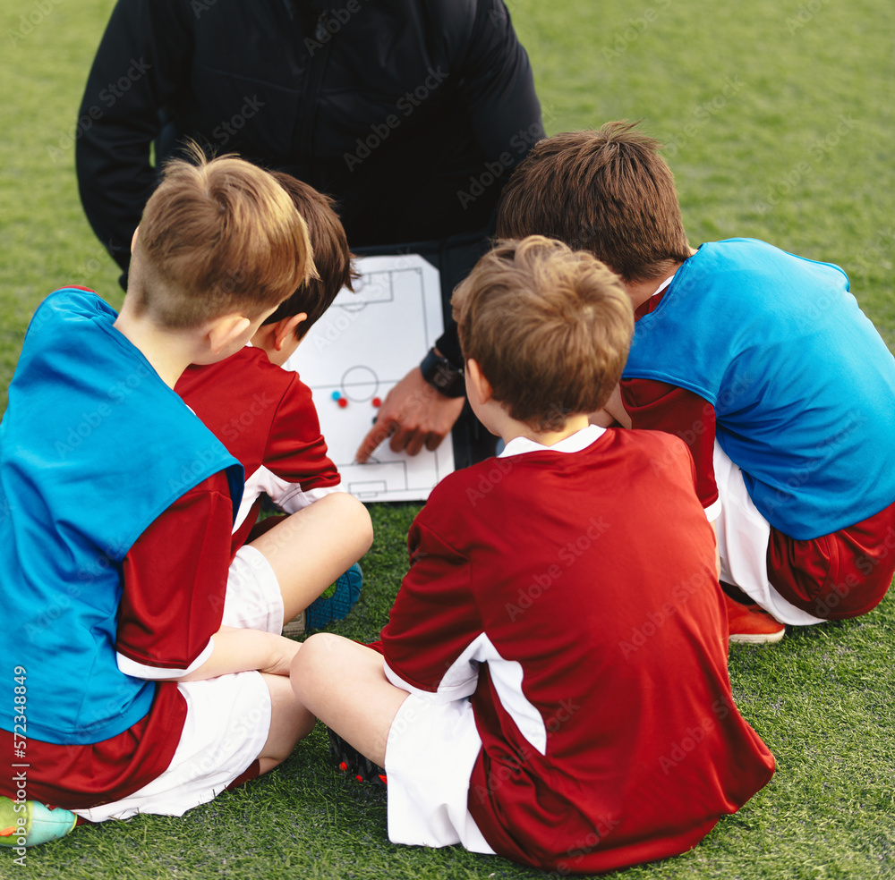 School kids listening to coach's strategy speech. Soccer football coach ...