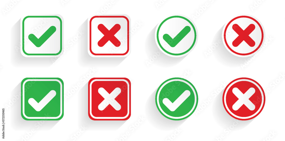 Set green approval check mark and red cross icons in circle and square, checklist signs, flat ...