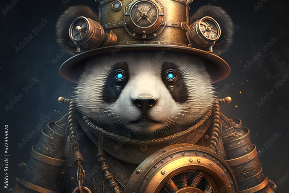 Steampunk, elegant panda in a cylinder with a monocle, lots of details ...