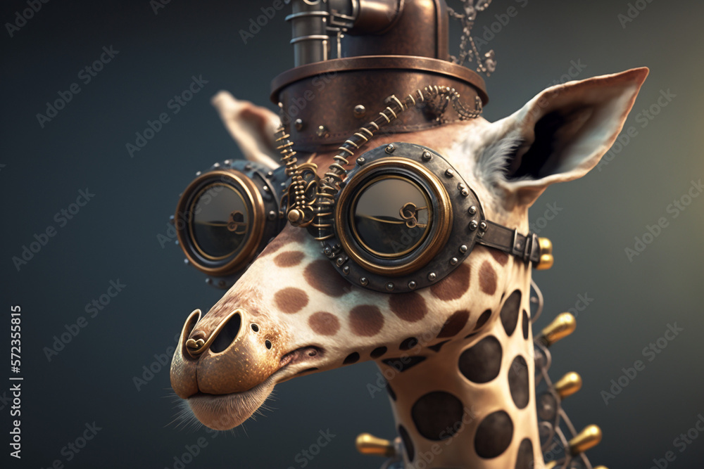 Steampunk, elegant giraffe, in a cylinder with a monocle, lots of ...