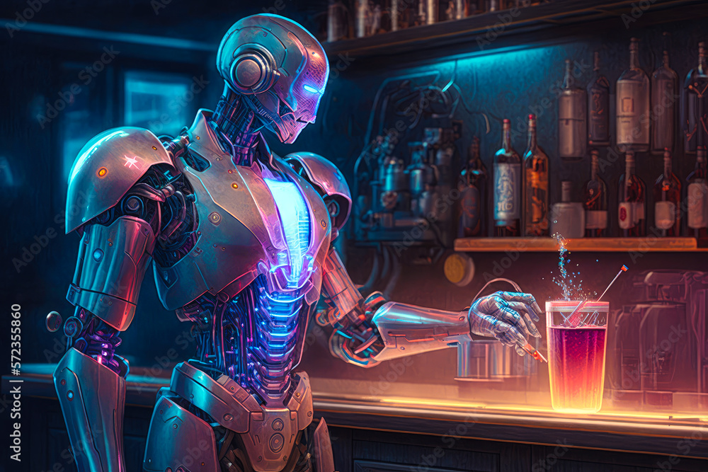 A robot bartender serving drinks in a holographic bar - Generative AI Stock Illustration | Adobe ...