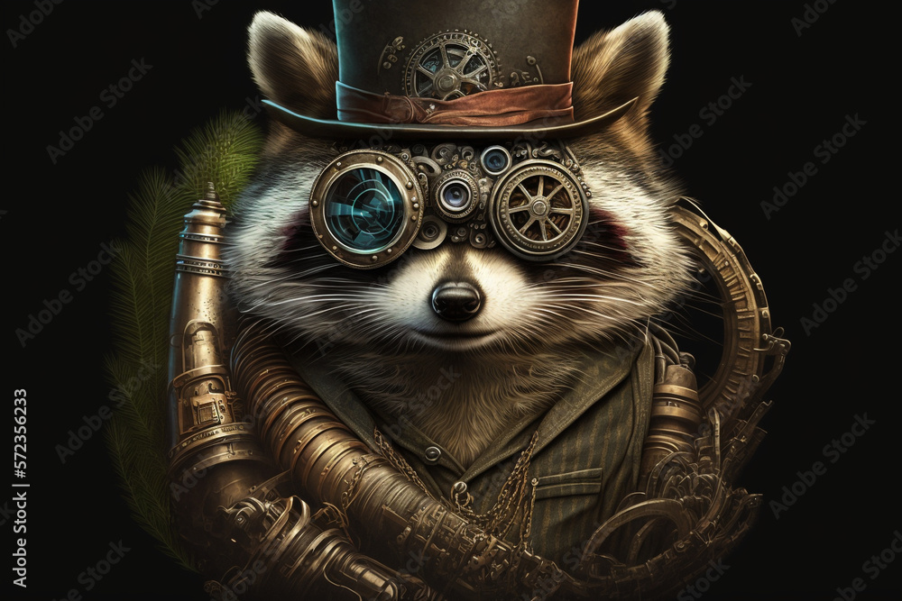 Steampunk, elegant raccoon in a cylinder with a monocle, lots of ...