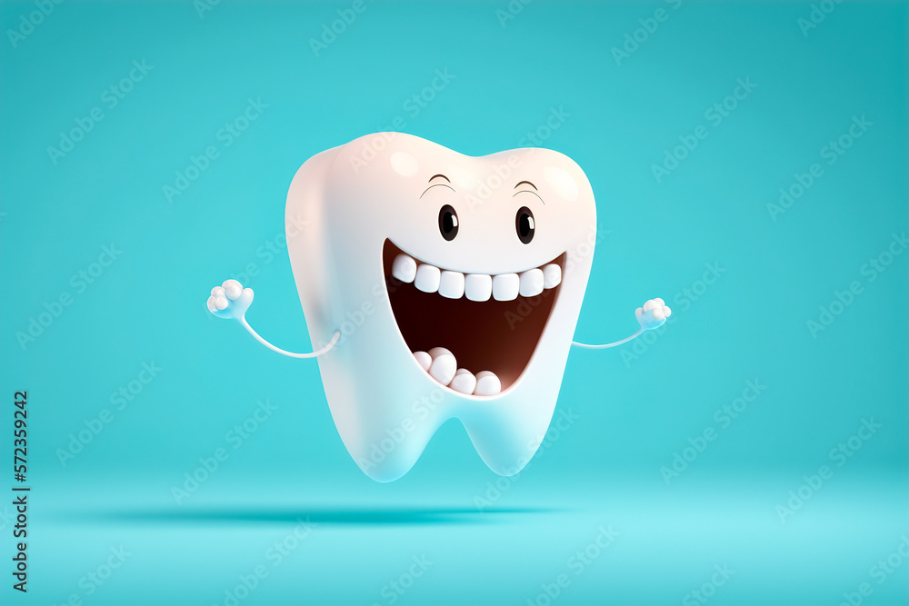 Cheerful tooth on a light background, with copy space. Clean and ...