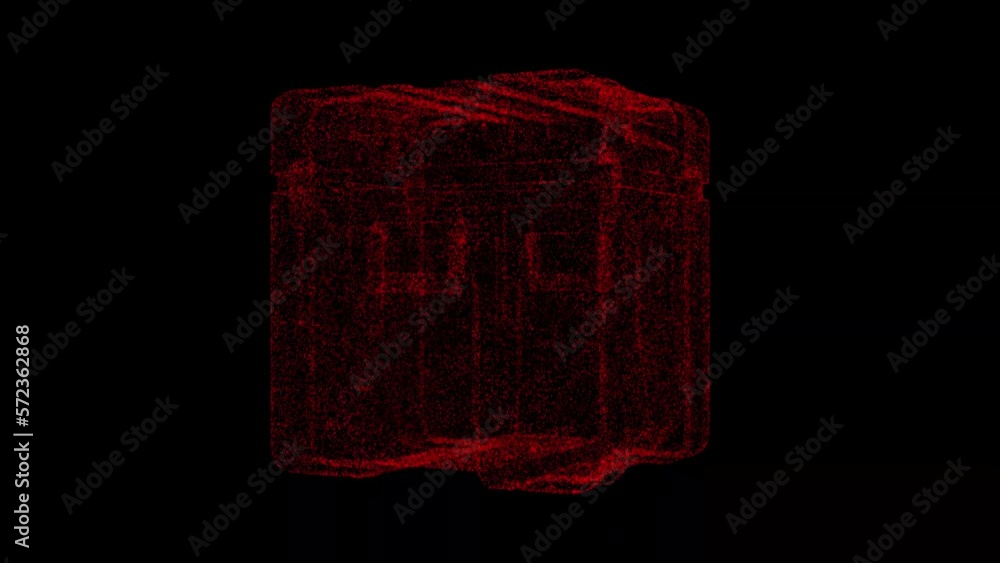 3D futuristic box rotates on black bg. Object dissolved red flickering ...