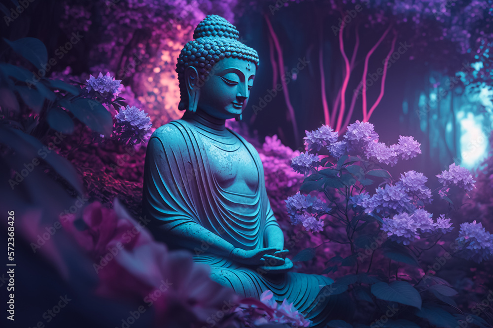 A beautiful statue of Buddha meditating in a peaceful environment ...