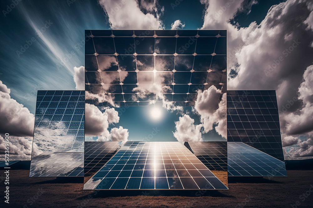 Generative AI illustration of Solar panels and blue sky. Solar panels ...