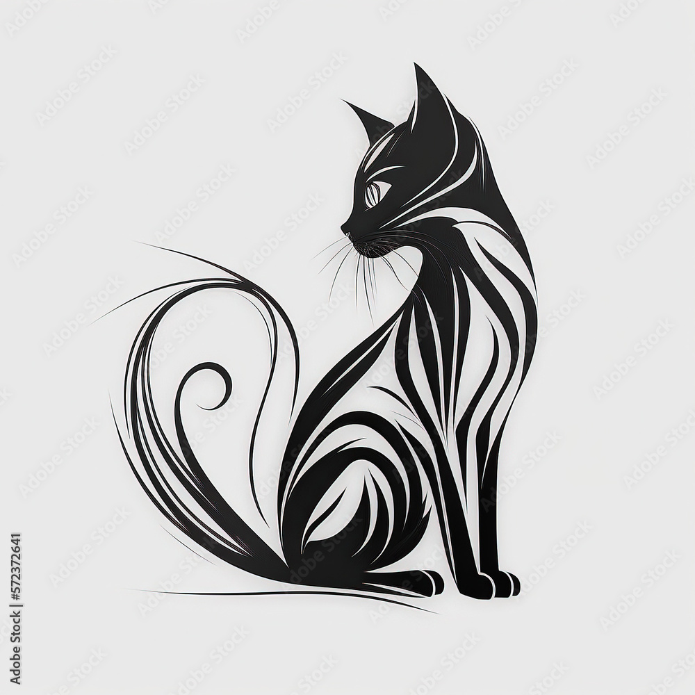 Cat Tattoo Art with black ink and white background looking cute and ...