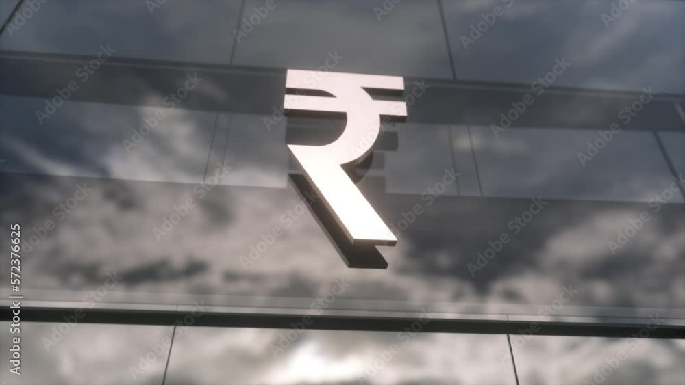 Indian rupee symbol currency sign on a modern glass skyscraper ...