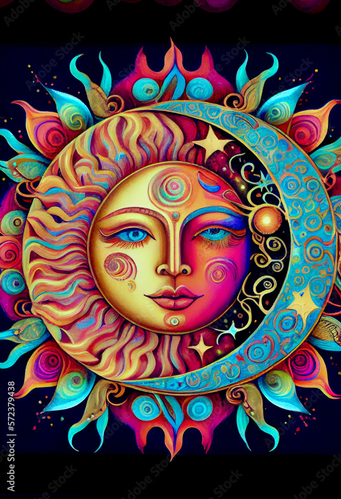 Generative AI render of a sun and moon themed illustration Stock ...