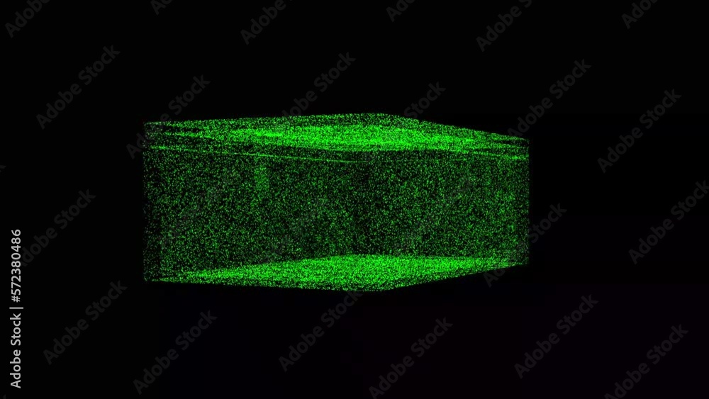 3D long box rotates on black bg. Object dissolved green flickering ...